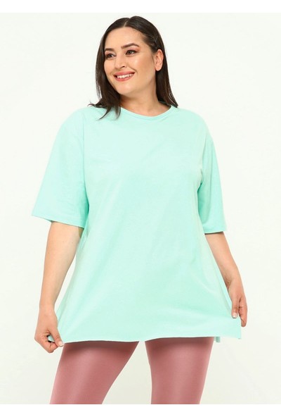 Büyük Beden Yırtmaçlı Basic T-Shirt Neon Yeşil