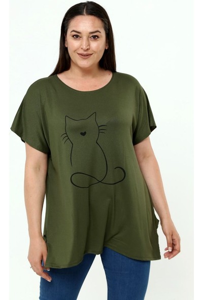 Büyük Beden Salaş Kedi Baskıl T-Shirt Haki