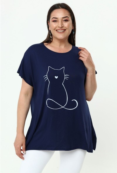 Büyük Beden Salaş Kedi Baskıl T-Shirt Lacivert