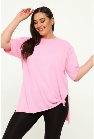 Büyük Beden Yırtmaçlı Basic T-Shirt Pembe