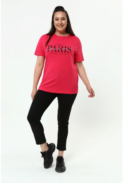 Büyük Beden Paris Baskılı Bisiklet Yaka T-Shirt Fuşya Büyük Beden Paris Baskılı Bisiklet Yaka T-Shirt Fuşya