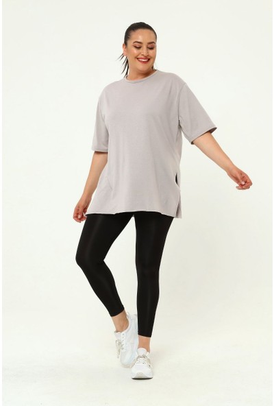 Büyük Beden Yırtmaçlı Basic T-Shirt Koyu Gri