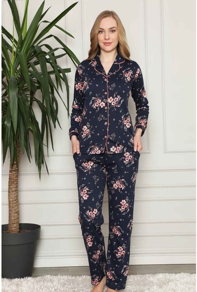 Alimer Gömlek Yaka Önden Düğmeli Çiçek Desenli Uzun Kollu Kadın Pijama Takımı