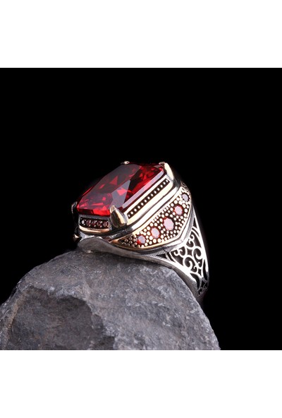 Tesbihsepetim Kırmızı Zirkon Taşlı 925 Ayar Erkek Gümüş Yüzük