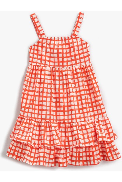 Koton Kareli Midi Elbise Askılı Fırfırlı Pamuklu