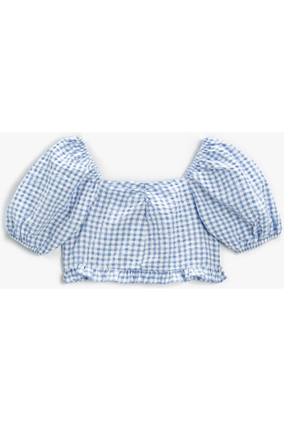 Koton Crop Bluz Kareli Kısa Balon Kollu Koton Crop Bluz Kareli Kısa Balon Kollu