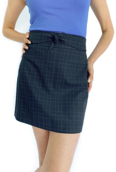 Key Moda Kadın Bağlama Detay Ekoseli Lacivert Etek