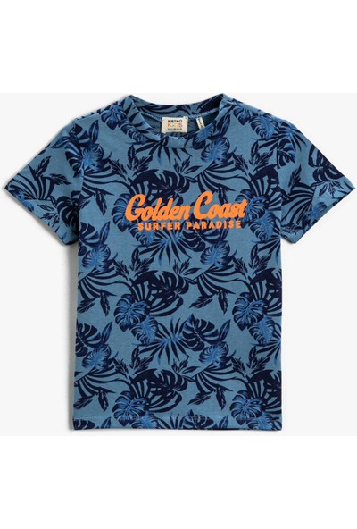 Koton Yaprak Desenli Tişört Kısa Kollu Bisiklet Yaka Pamuklu