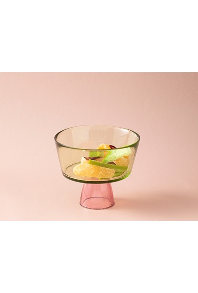 English Home Unique Cam Ayaklı Sunum Kasesi 16 cm Yeşil-Pembe