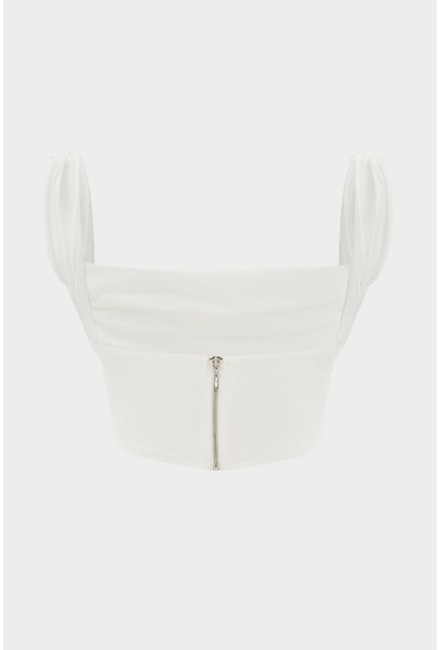 Açelya Okcu Sırt Fermuarlı Drapeli Crop Bluz Açelya Okcu Sırt Fermuarlı Drapeli Crop Bluz