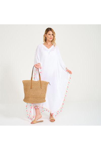 Miespiga Püskül Detaylı V Yaka Uzun Plaj Elbisesi