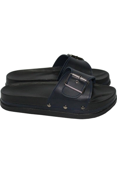 Mubaco Mubaco. Ortopedik Tabanlı Tokalı Koyu Lacivert Kadın Terlik