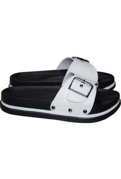 Mubaco Mubaco. Ortopedik Tabanlı Tokalı Beyaz Kadın Terlik