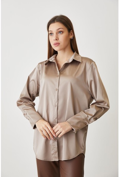 Lime Moda Saten Gömlek-Açık Vizon