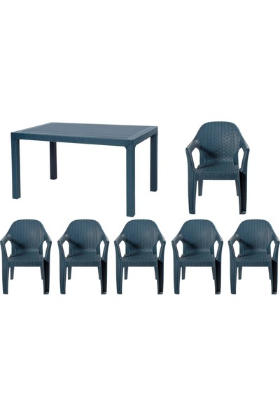 Bs Plastik Rattan 80X140 Plastik Masa 6 Adet Polo Sandalye Takımı Petrol Mavi Bs Plastik Rattan 80X140 Plastik Masa 6 Adet Polo Sandalye Takımı Petrol Mavi