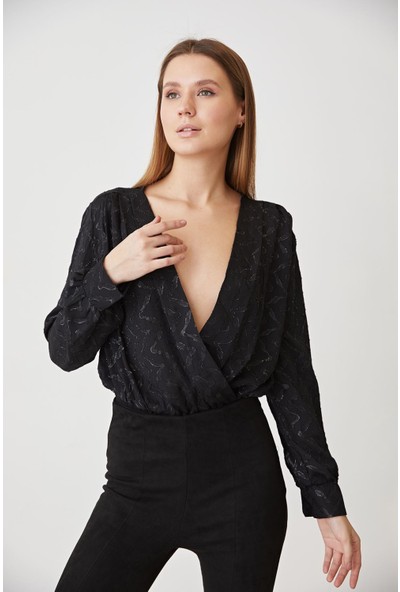 Foremia Kruvaze Yaka Bodysuit-Siyah