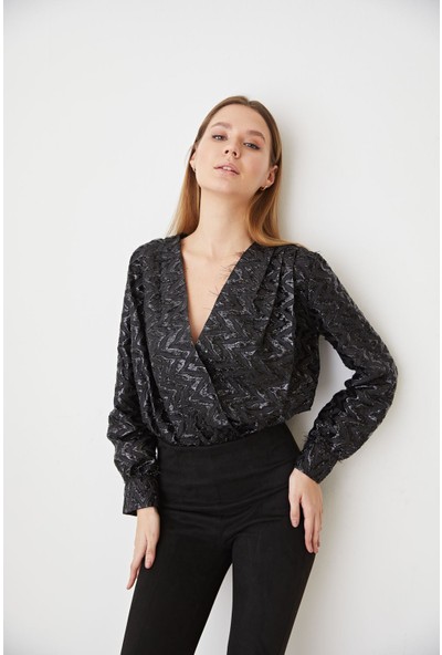 Foremia Kruvaze Yaka Bodysuit-Siyah