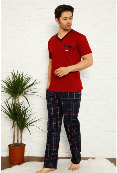 Farya Home Dreamy Ekoseli Kısa Kollu V Yaka Cepli Erkek Pijama Takımı