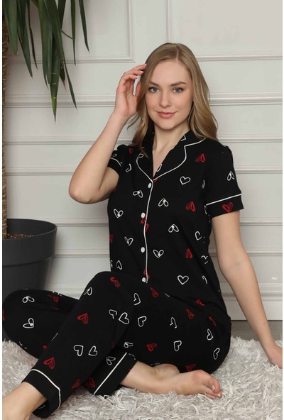 Farya Home Dreamy Pamuklu Biyeli Kalp Desenli Kısa Kollu Gömlek Pijama Takımı Farya Home Dreamy Pamuklu Biyeli Kalp Desenli Kısa Kollu Gömlek Pijama Takımı