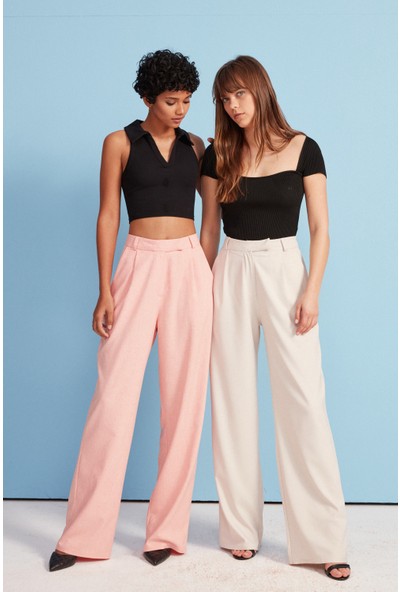 Vatkalı Bol Kesim Kumaş Pantolon Bej