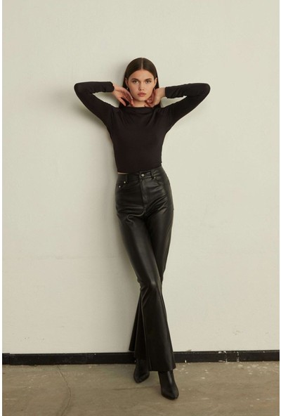 Deri Flare Pantolon Siyah