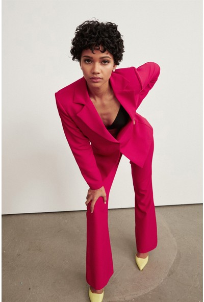 Vatkalı Yüksek Bel Ispanyol Paça Pantolon Fuşya