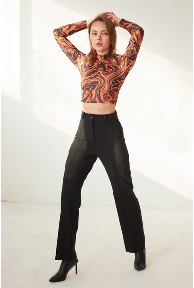 Vatkalı Yüksek Bel Düz Kesim Pantolon Siyah