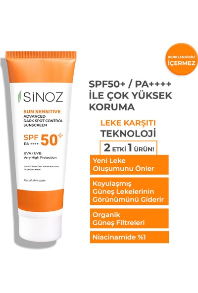 Sinoz Lekeli Ciltlere Özel Aydınlatıcı Yüksek Korumalı Yüz Güneş Kremi SPF50+ / PA++++ 50 ML