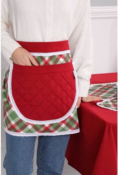 Silversun Kenarları Dantelli Mutfak Önlüğü Ekose Desen - Koyu Bordo Mo-4