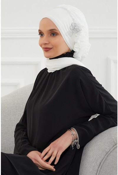 Taşlı Çiçek Aksesuarlı Tasarım Şifon Hazır Türban,kırık Beyaz,ht-62