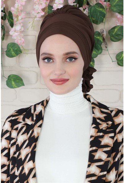 Pileli Tasarım Şifon Hazır Türban,kahverengi,ht-31
