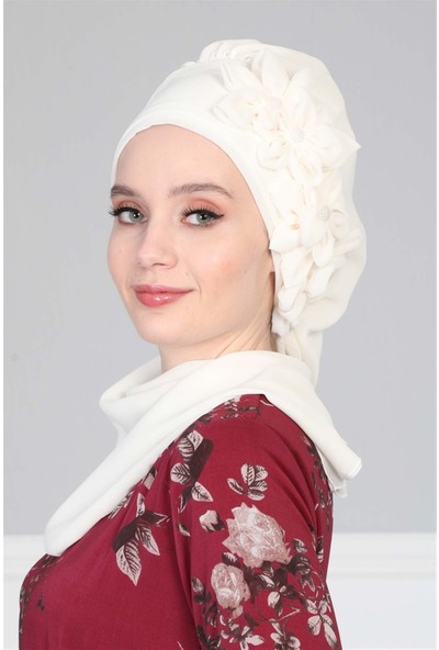 Çiçek Aksesuarlı Tasarım Hazır Şifon Türban,krem,ht-27