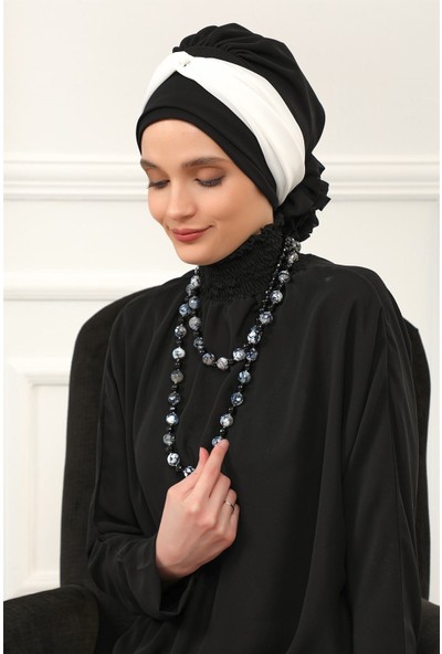 Çift Renkli Tasarım Şifon Hazır Türban,siyah - Kırık Beyaz,ht-45 Çift Renkli Tasarım Şifon Hazır Türban,siyah - Kırık Beyaz,ht-45