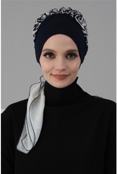 Desenli Şifon Hazır Türban,lacivert - Lacivert MAVI,HT-65D