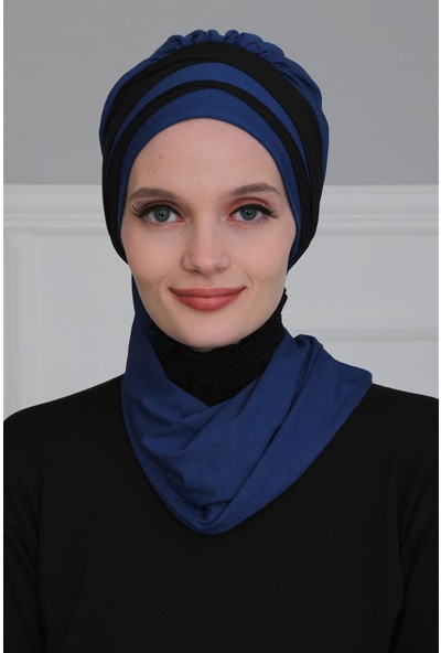 Çift Renkli Penye Hazır Türban,saks - Siyah,ht-80 Çift Renkli Penye Hazır Türban,saks - Siyah,ht-80