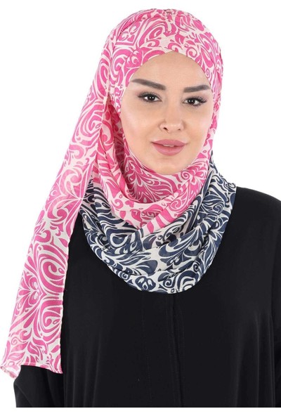 Desenli Pratik Şifon Şal,lacivert - FUŞYA,CPS-502
