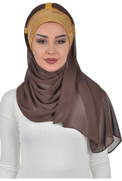 Payetli Penye Boneli Şifon Şal,kahverengi - Gold,pbs-1p Payetli Penye Boneli Şifon Şal,kahverengi - Gold,pbs-1p