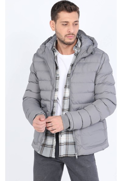 Keep Out Erkek Kapüşonlu Fermuarlı Şişme Mont Gri
