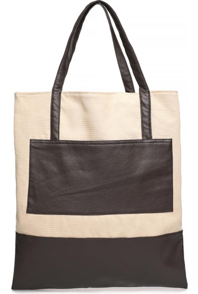 Deri Detaylı Bez Çanta,bej - Koyu Kahverengi,c-30