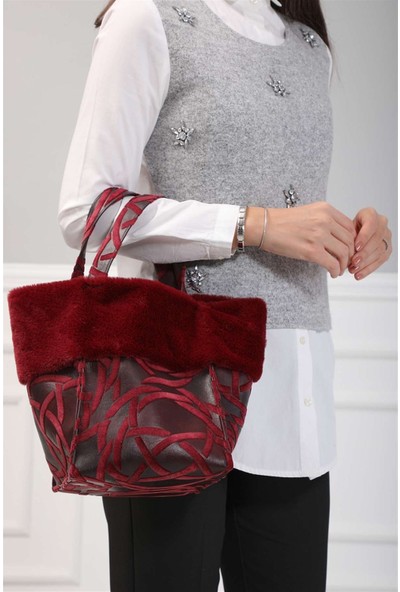 Kürklü Deri Çanta,bordo,ce-2