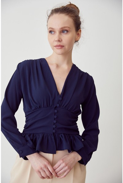 Düğmeli Bluz-Lacivert