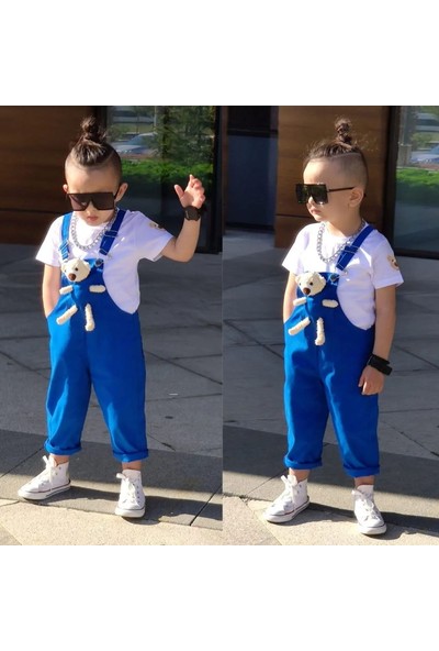 Ayıcıklı Salopet Kot Takım Saks Mavi