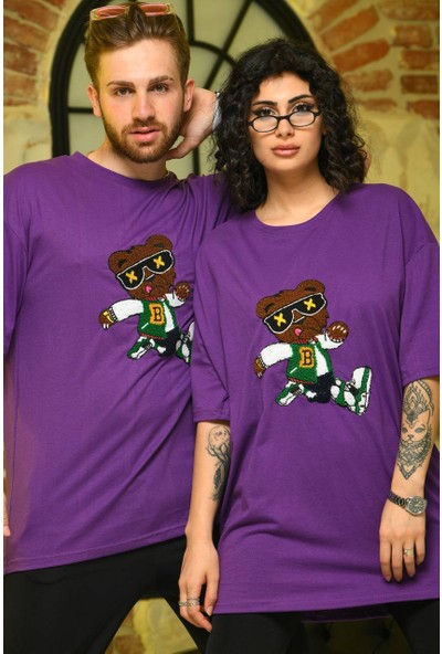 Silver Belt Textil Unisex Koşan Peluş Ayıcık Mor Oversize T-Shirt