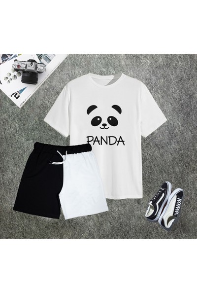 Unisex Panda Baskı T-Shirt Siyah-Beyaz 2 Farklı Renk Şort Kombini Unisex Panda Baskı T-Shirt Siyah-Beyaz 2 Farklı Renk Şort Kombini