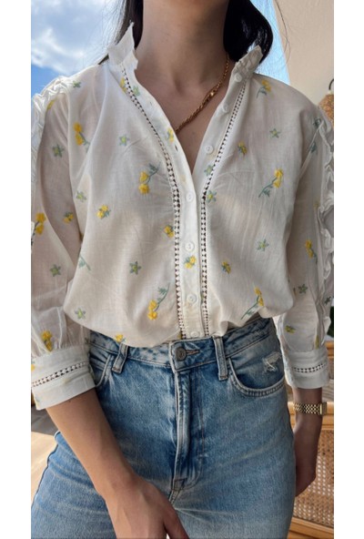 Kadın Sarı Çiçek Nakışlı Gömlek
