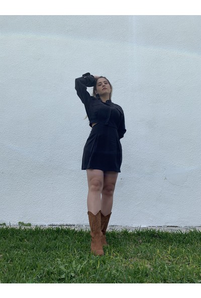 Türkan Store Siyah Crop Gömlek Bağlamalı Etek Takım