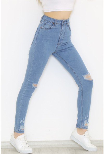 Yırtıklı Kot Pantolon Açıkmavi - 9561.1184.