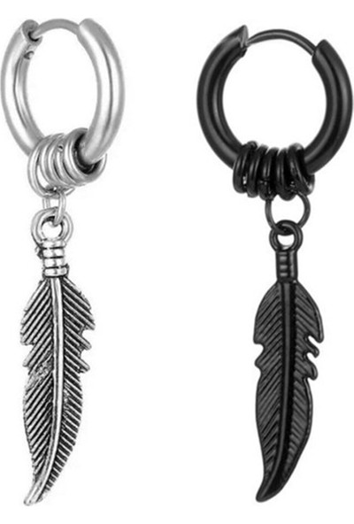 The Collection 2 Adet Siyah Gümüş Kartal Tüyü Sallantılı Çelik Küpe Set The Collection 2 Adet Siyah Gümüş Kartal Tüyü Sallantılı Çelik Küpe Set