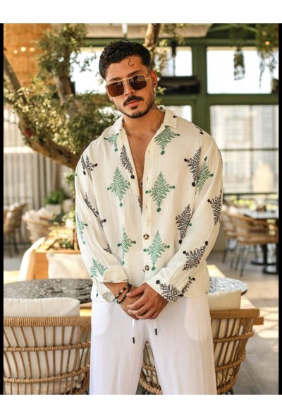 Giesto Müslin Desenli Yeşil Detaylı Oversize Gömlek