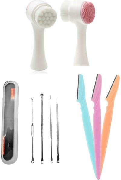 Wenolg 3'lü Bakım Seti 3'lü Kaş Usturası + Yüz Temizleme Fırçası + 4'lü Gümüş Komedon